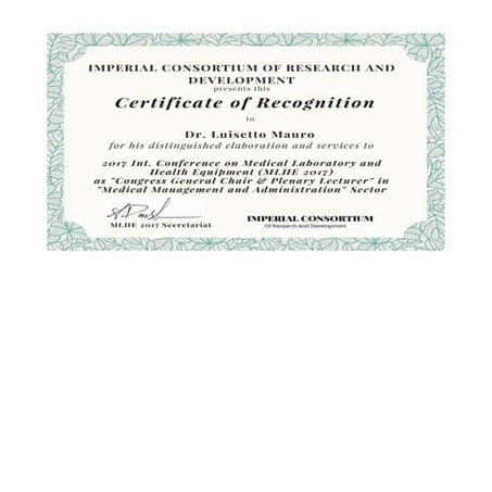 Certificate of recognition 2017 m luisetto international conference on medical laboratory and ...