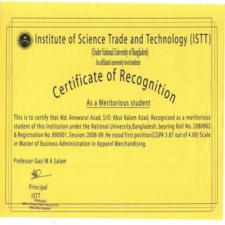 Certificate of Recognition as a Meritorious student of institute of ...