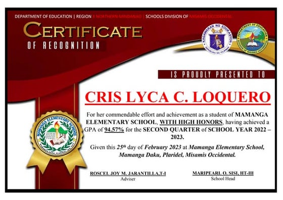certificate of recognition first Quarter | PDF | Education