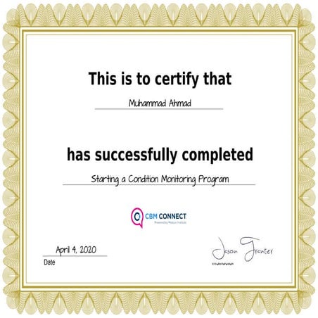 Certificate of Completion “Starting a Condition Monitoring Program by ...