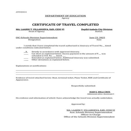 Certificate of Travel Completion for Department of Education Officials ...