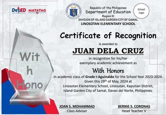 Sample editable certificate WITH HONORS 2023 - 2024.docx | Professional ...