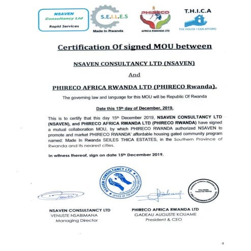 CERTIFICATION OF THICA MOU BETWEEN NSAVEN AND PHIRECO RWANDA | PDF