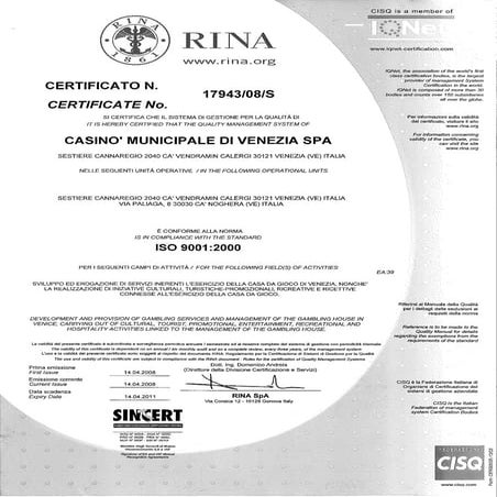 Casinó di Venezia: Certificato Rina | PDF