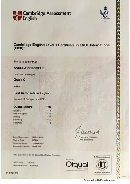 Attestato FIRST Certificate of English B2 | PDF