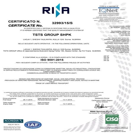 RINA ISO 9001: 2015 Genoa Italy - TSTS Group | PDF