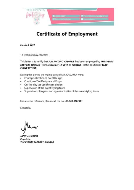 Certificate of Employment and Training Certificates | PDF