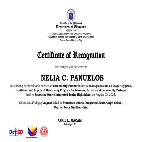 CERTI OF RECOGNITION SAMPLE TEMPLATE SHS | DOCX