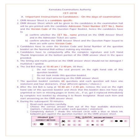 Kcet 2018 - Instruction to Candidates | PDF