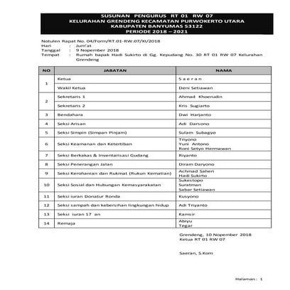 Cetak susunan pengurus rt 01 rw 07 grendeng | PDF