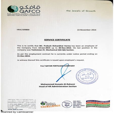 Qafco Service Certificate | PDF