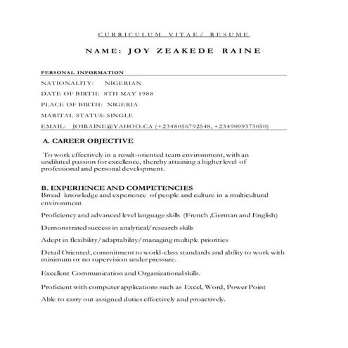 Resume Joy Raine | DOCX
