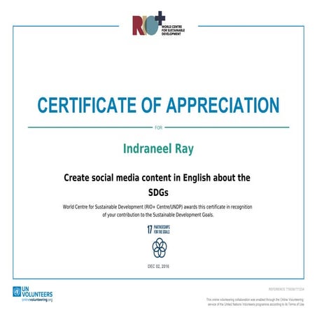 Certificate of Appreciation for Indraneel Ray from RIOCentreUNDP | PDF