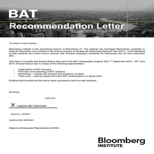 Recommendation letter by Bloomberg | PDF