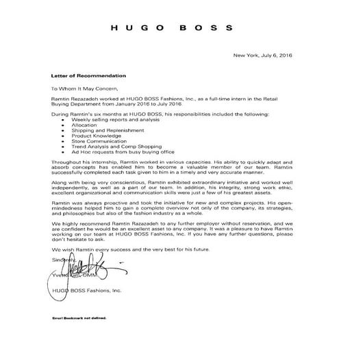 Recommendation Letter Yvette HUGO BOSS | PDF