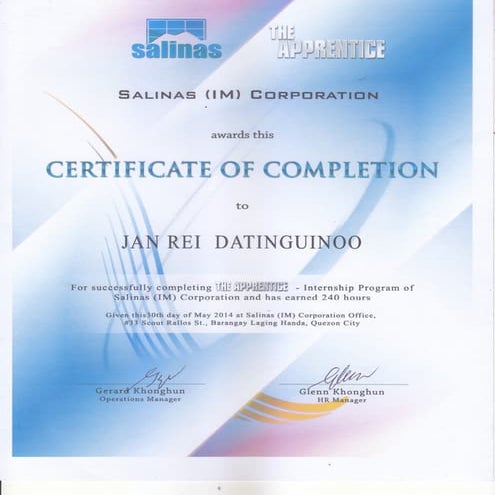 Salinas OJT Certificate of Completion | PDF