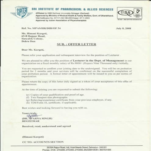 SIPAS- APPOINTMENT LETTER | PDF