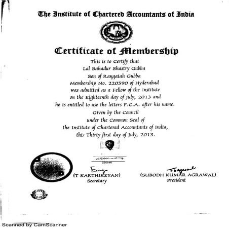 COP & FCA Certificates - GUBBA LAL BAHADUR SHASTRY | PDF