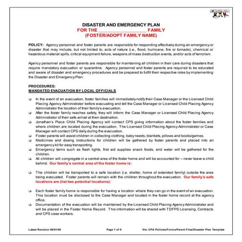 Disaster Emergency Plan Template For Families | DOCX