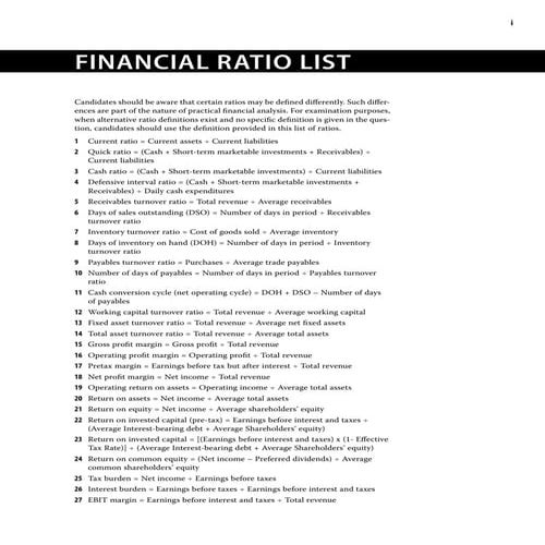 Financial Ratios and Formulas for Analysis | DOCX