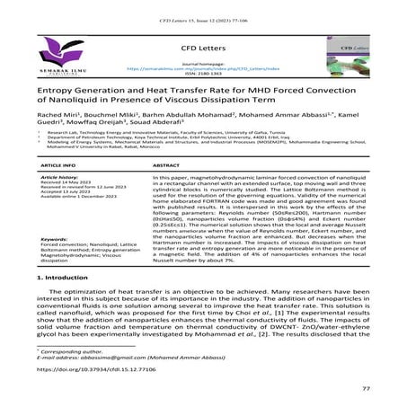 Entropy generation and heat transfer rate for MHD forced convection of nanoliquid in presence of ...