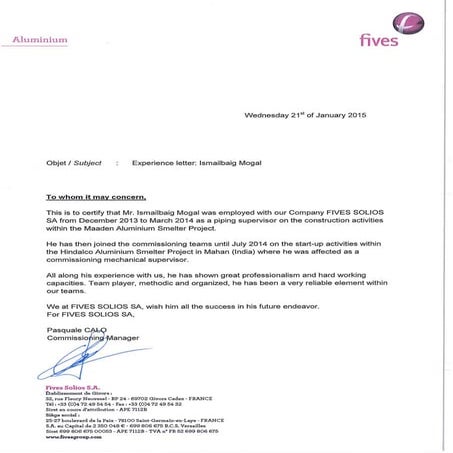 COMMISSIONING EXPERIENCE LETTER | PDF