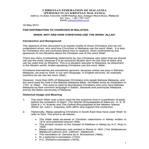 WHEN, WHY AND HOW CHRISTIANS USE THE WORD ‘ALLAH’ (CFM 2013) | PDF