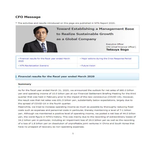 CFO Message in NTN Report 2020 (English & Japanese) | PDF