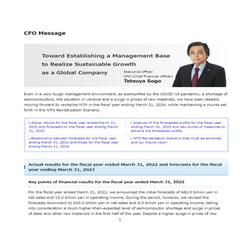 CFO Message in NTN Report 2022 (English & Japanese) | PDF