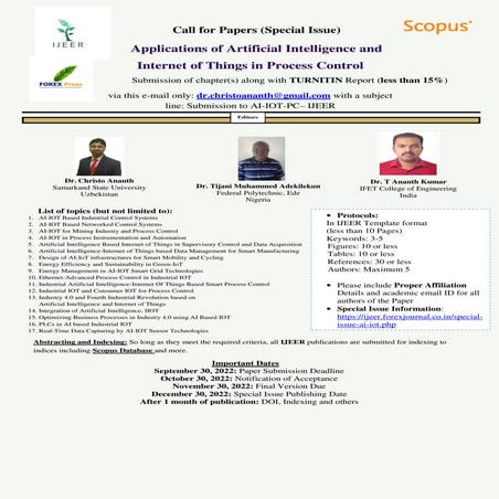 Call for Papers - Special Issue on "Applications of Artificial Intelligence and Internet of ...