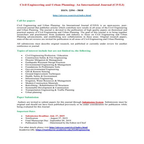 Civil Engineering and Urban Planning: An International Journal (CiVEJ ...