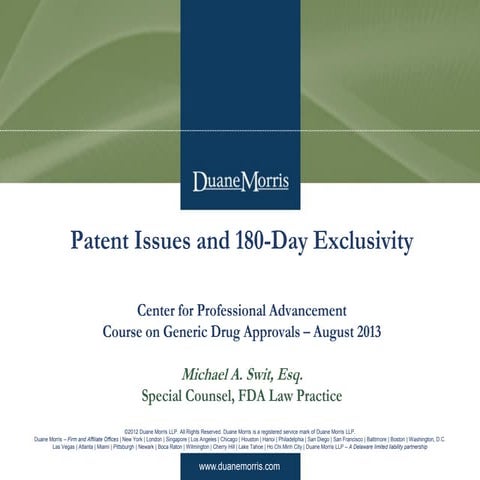 Patent Issues and 180-Day Exclusivity | PDF