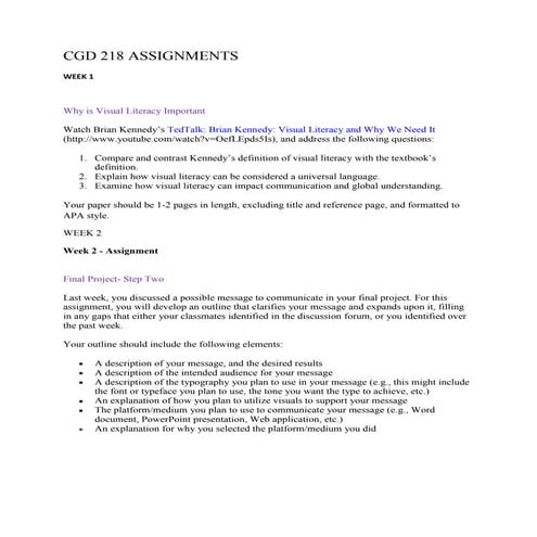 Cgd 218 assignments instructions week 1 thru 5 | DOCX