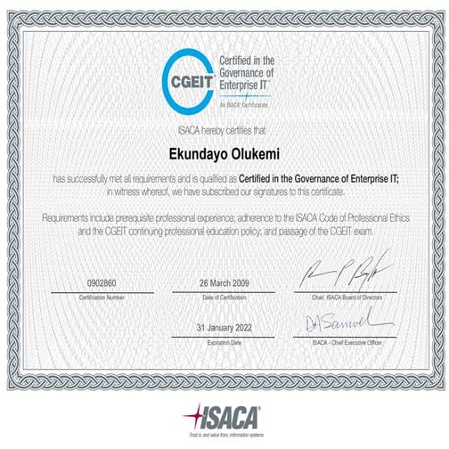 Ekundayo Olukemi ISACA CGEIT Certification - Current | PDF