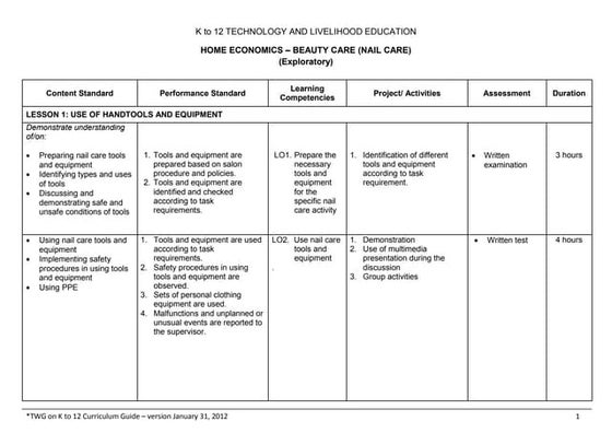 TLE/ HE Beauty Care Curriculum Guide | PDF