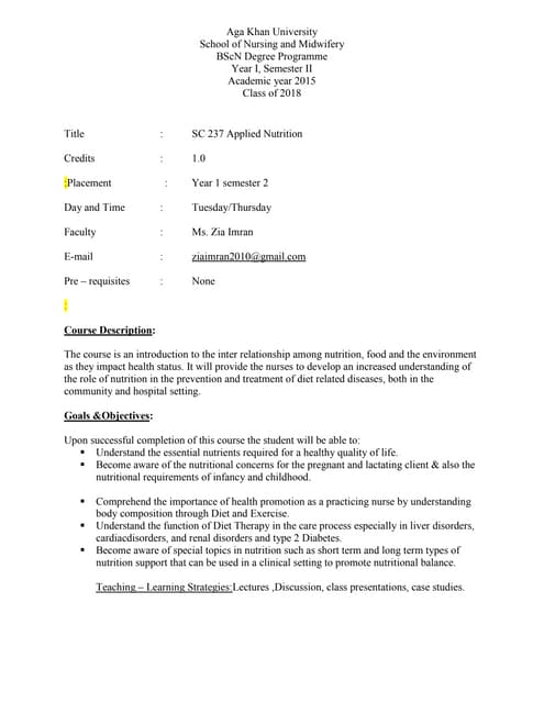 NUTRITION COURSE OUTLINE OUTLINING A SELF READING GUIDE | DOCX