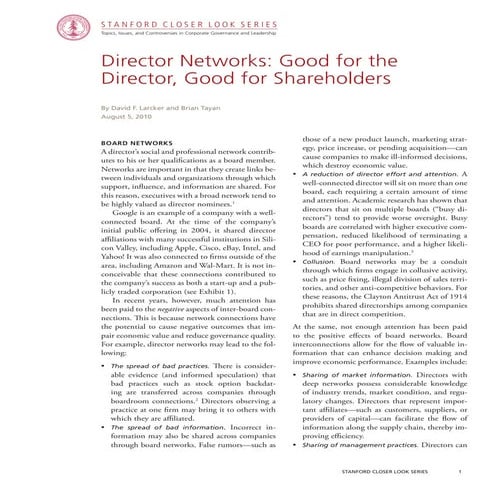 Director Networks: Good for the Director, Good for Shareholders | PDF ...