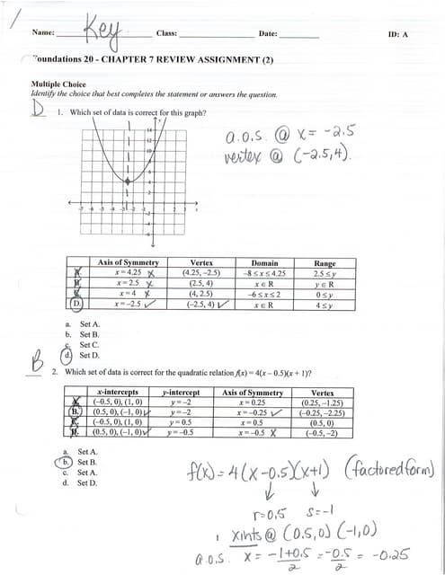 Mrs. Sack's PRE-CALC 20 Ch. 1 textbook review assignment (key) | PDF