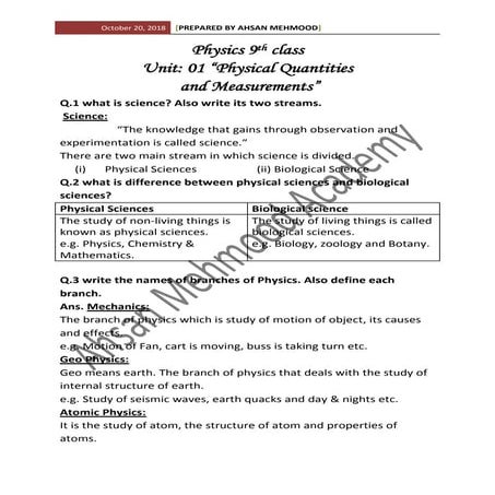 9th class Physics notes | Chapter no 01 by Ahsan Mehmood | PDF