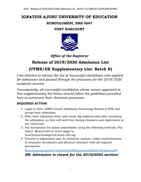 TASU Admission List for 2019/2020 Academic Session 1st, 2nd ...