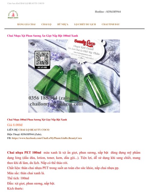 Chai Nhựa Xịt Phun Sương 100ml Chai Lọ Beauty Coco | PDF