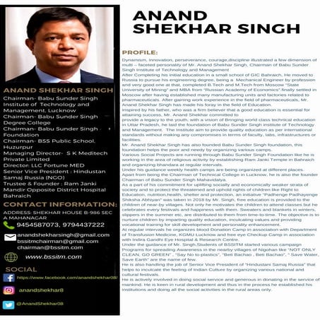 Chairman BSSITM Anand Shekhar Singh Profile | PDF