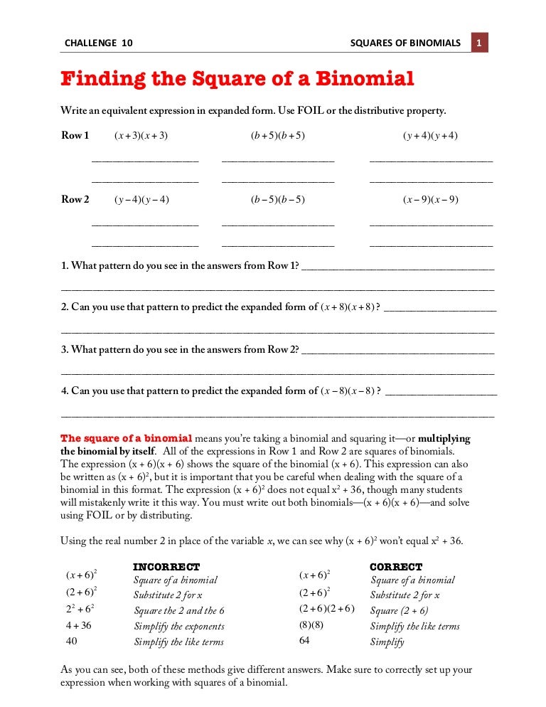 Challenge 10 square of a binomial