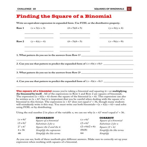 Challenge 10 square of a binomial | PDF | Science