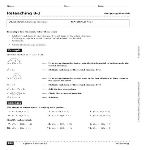 Challenge 8 reteaching 8 3- multiplying binomials | PDF