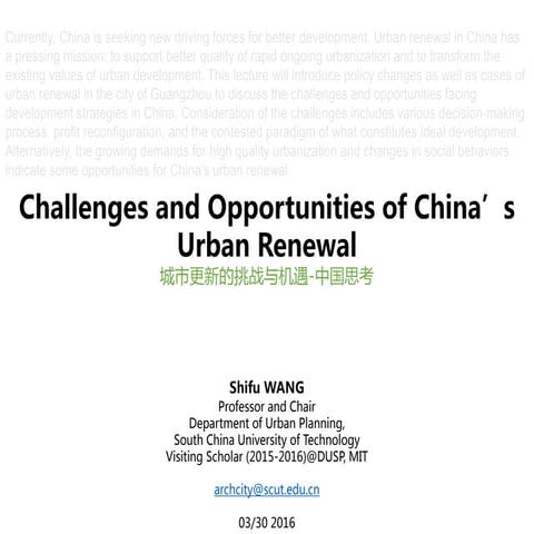 Challenges and Opportunities of China’s Urban Renewal | PPT