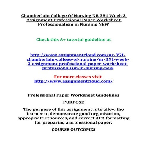 Chamberlain college of nursing nr 351 week 3 assignment professional paper worksheet ...