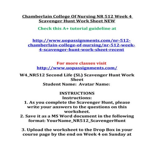 Chamberlain college of nursing nr 512 week 4 scavenger hunt work sheet ...