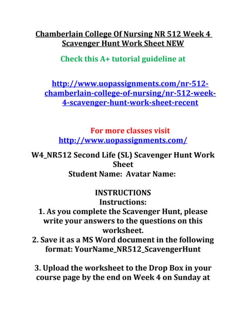 Chamberlain college of nursing nr 512 week 4 scavenger hunt work sheet ...