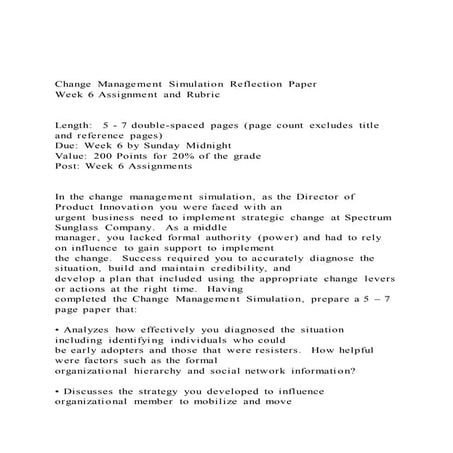 Change Management Simulation Reflection Paper Week 6 Assignm | DOCX